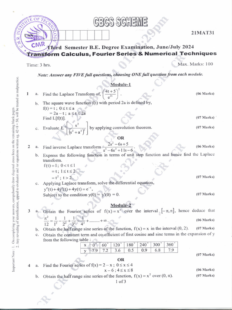 VTU Question Paper of 21MAT31 Transform Calculus, Fourier Series and ...