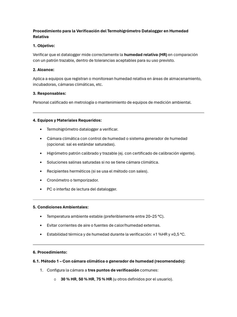 Procedimiento para La Verificación Del Termohigrómetro Datalogger en Humedad Relativa | PDF ...
