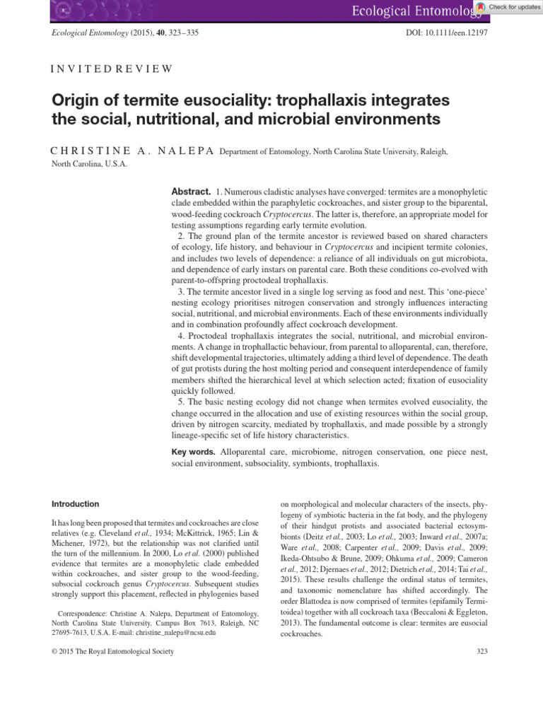 Ecological Entomology - 2015 - NALEPA - Origin of Termite Eusociality ...