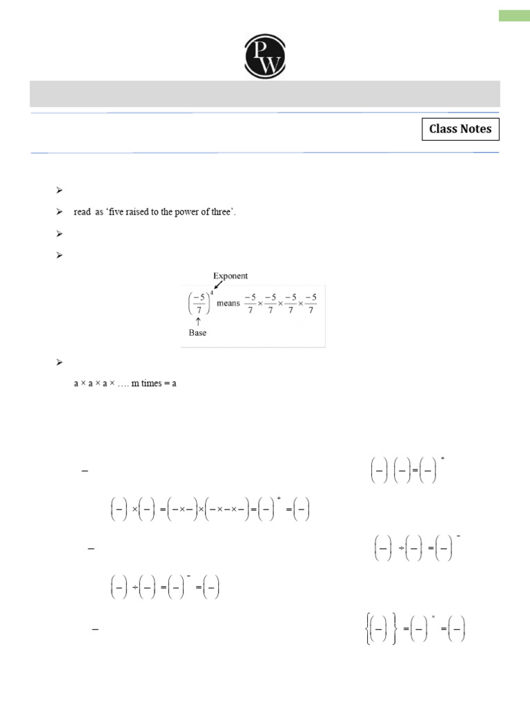 Exponents - Short Notes Mathematics | PDF | Exponentiation | Numbers