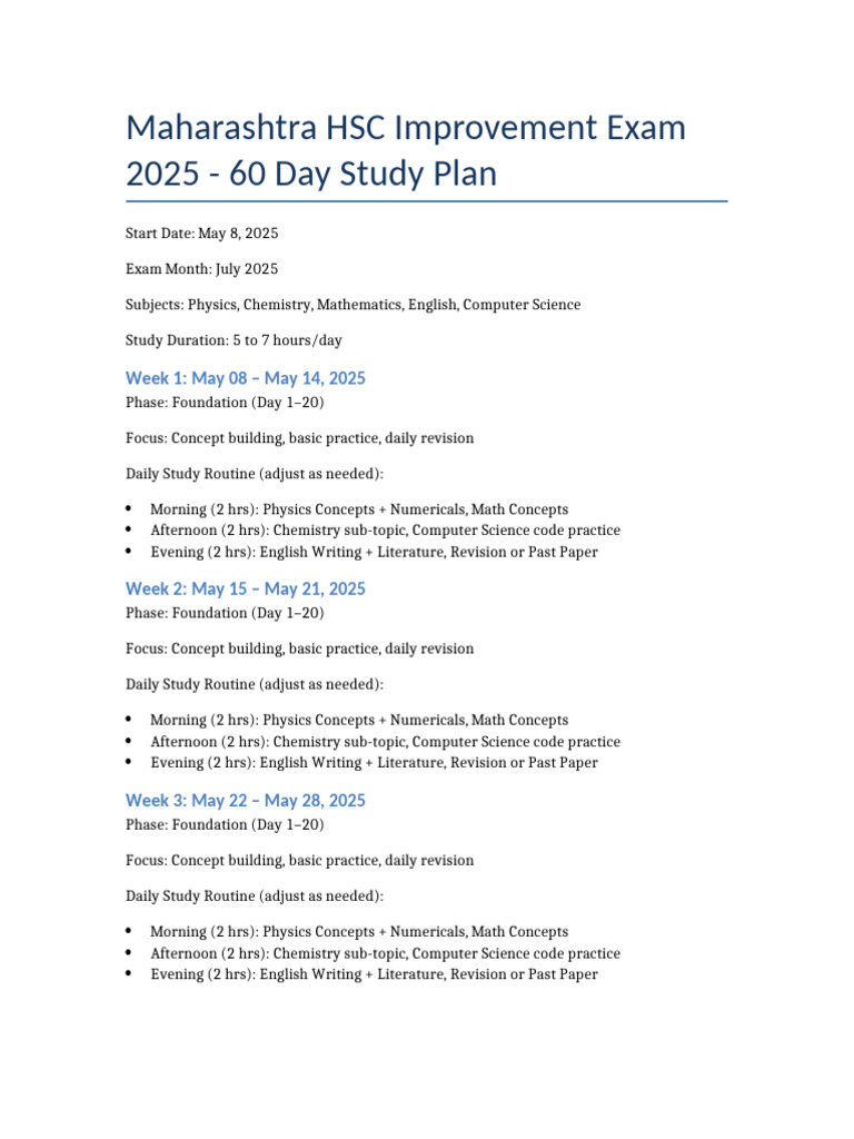 HSC Improvement Exam 2025 Study Plan | PDF | Mathematics | Science
