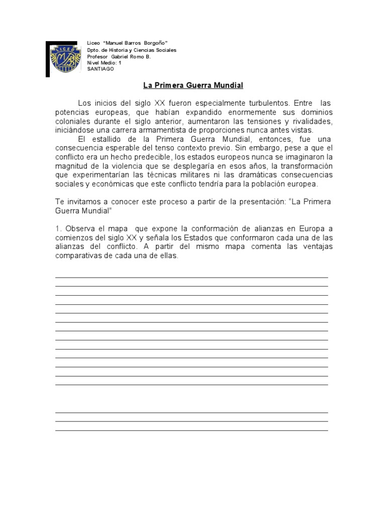 Guía de Actividades Primera Guerra Mundial Estudiante | PDF
