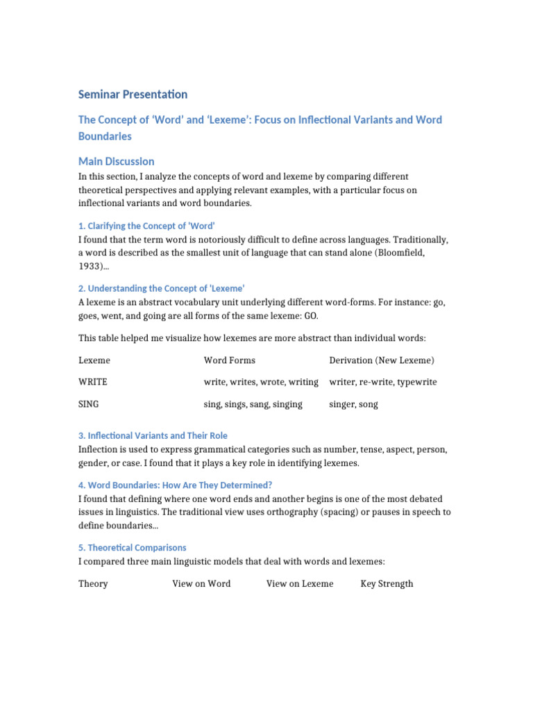 Main Discussion Word and Lexeme | PDF | Word | Linguistics