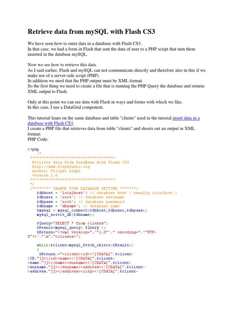 Retrieve Data From MySQL With Flash CS3 | PDF | Php | Software Engineering