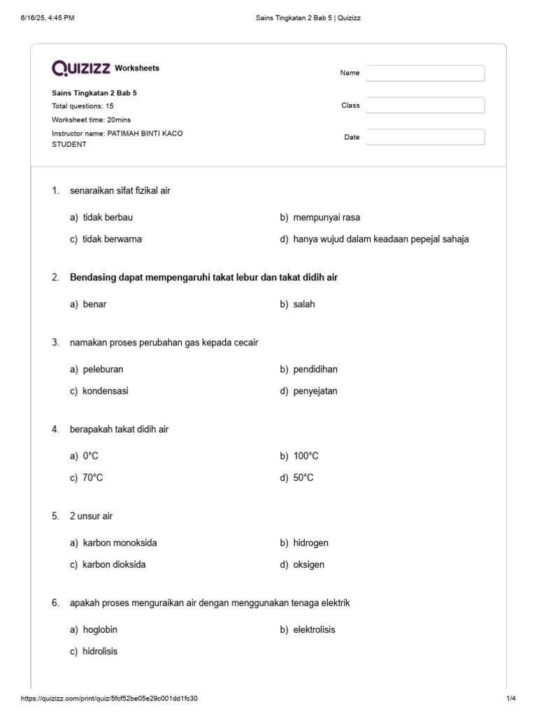 Sains Tingkatan 2 Bab 5 - Quizizz | PDF