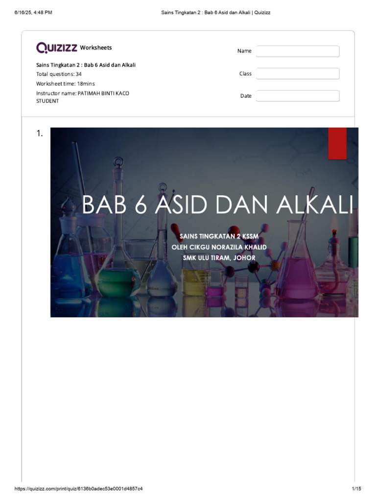 Sains Tingkatan 2 - Bab 6 Asid Dan Alkali - Quizizz SLIDE | PDF