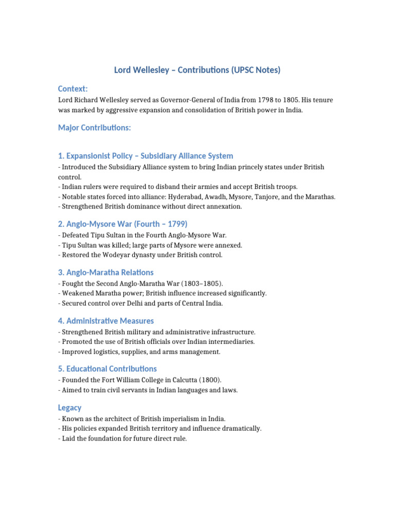 Lord Wellesley UPSC Notes | PDF