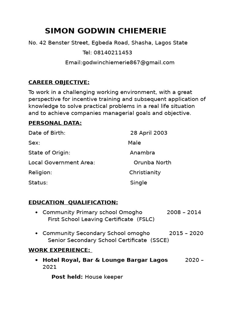 Simon Godwin Chiemerie: Career Objective | PDF