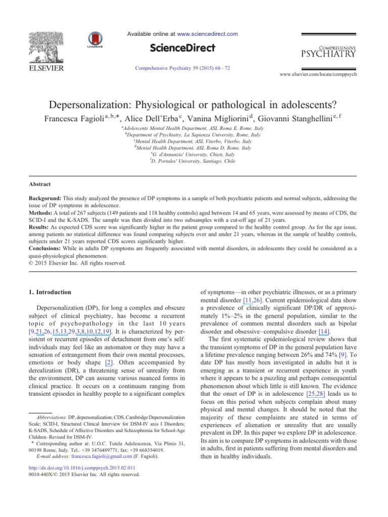 Depersonalization Physiological or Patho | PDF | Mental Disorder ...