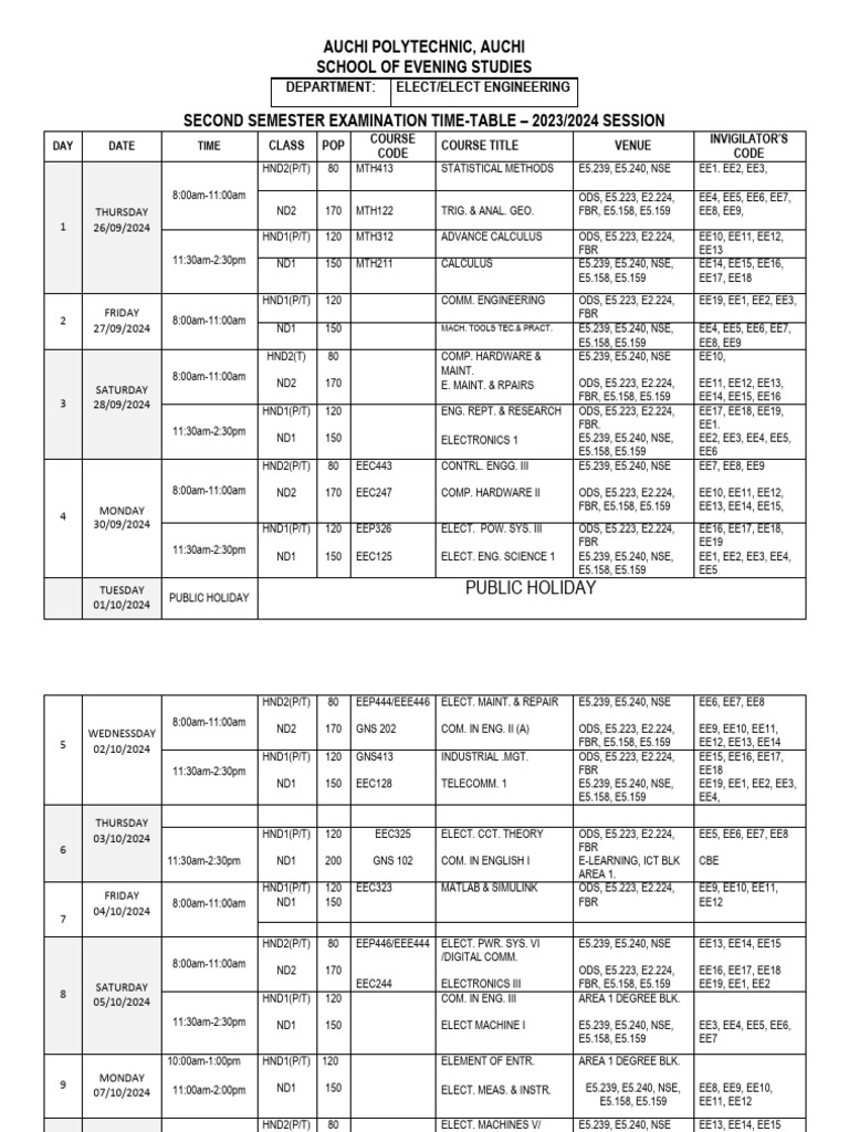 Second Semester Exam Time Table 2023.24 Students Copy-Compressed | PDF