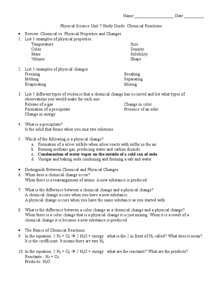Physical Science Unit 7 Study Guide - Answers | PDF | Chemical ...