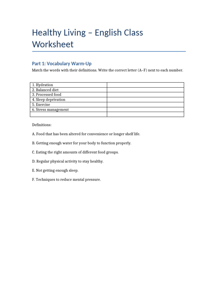 Healthy Living Worksheet | PDF