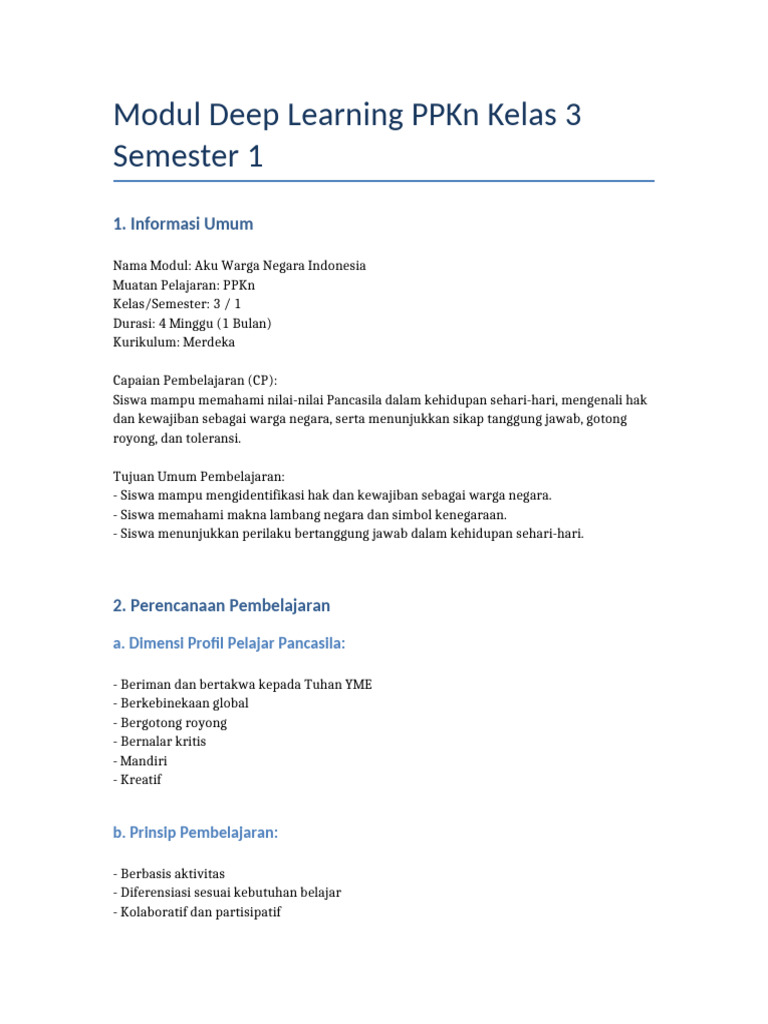 Modul Deep Learning PPKN Kelas 3 Semester 1 | PDF