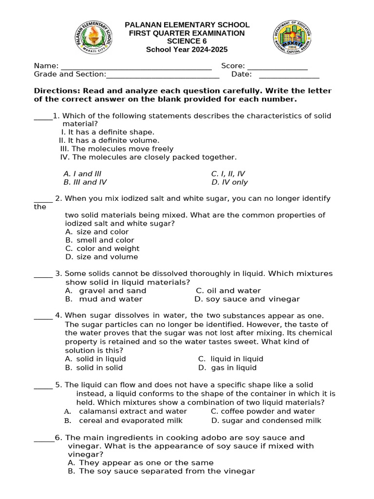 Science 6 First Quarter Exam Guide | PDF | Mixture | Filtration