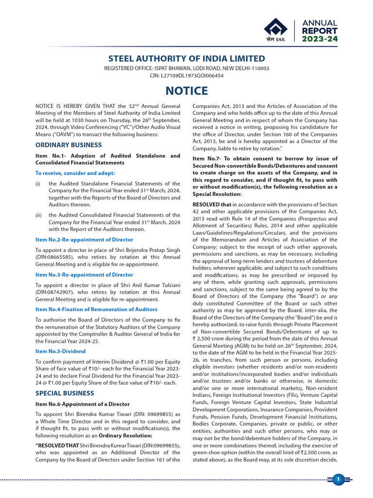 52nd AGM Notice of Steel Authority | PDF | Dividend | Board Of Directors