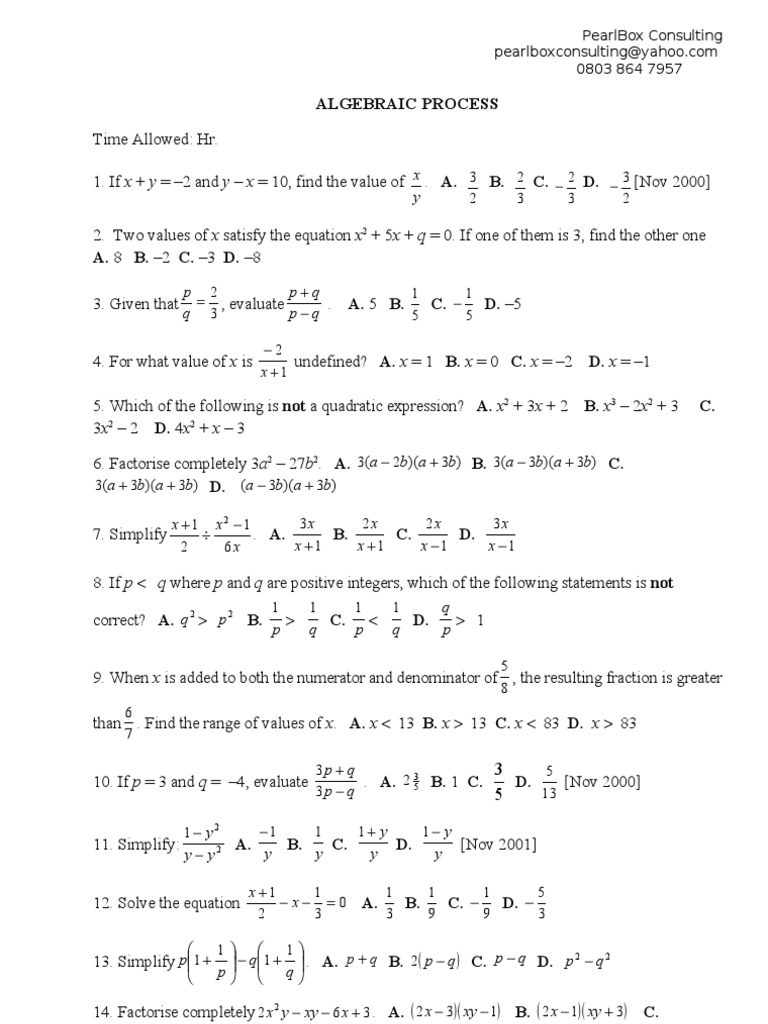 Algebraic Process: Pearlbox Consulting 0803 864 7957 | PDF | Fraction ...