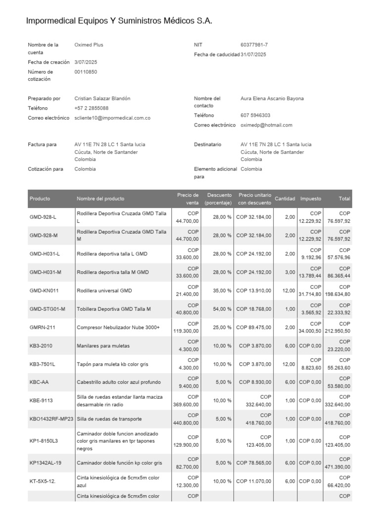 Cotización para Oximed Plus 2025-07-01 No.006VT00000VP8v3YAD - V1 | PDF
