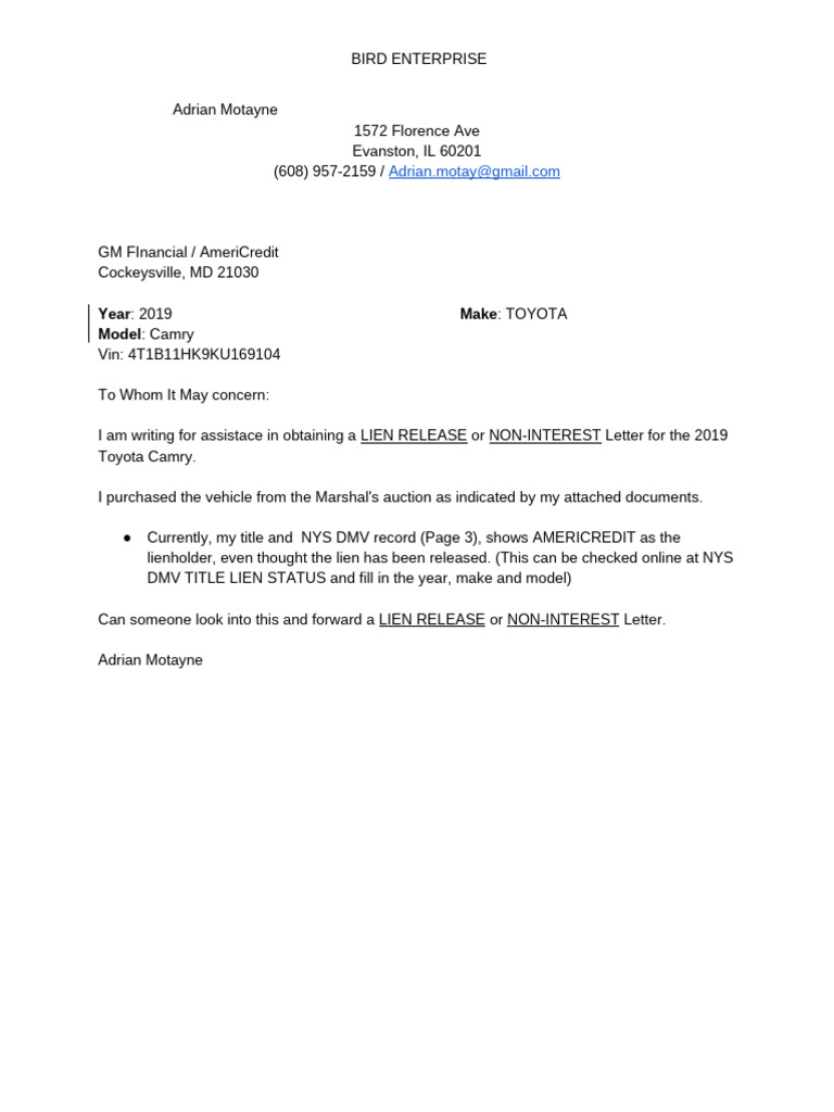 2019 Toyota Camry Letter | PDF