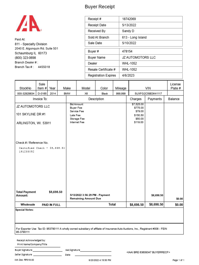 Buyer Receipt for BMW X6 Purchase | PDF | Receipt | Fee