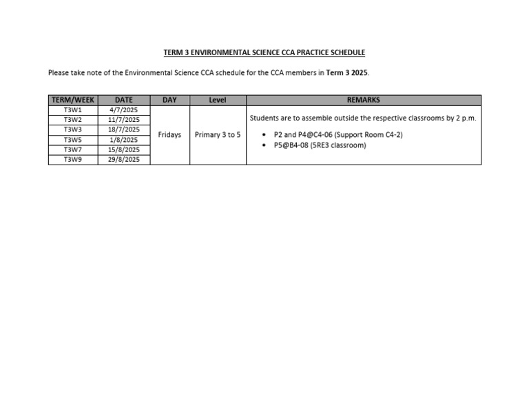 Environmental Science CCA Schedule Term 3 | PDF
