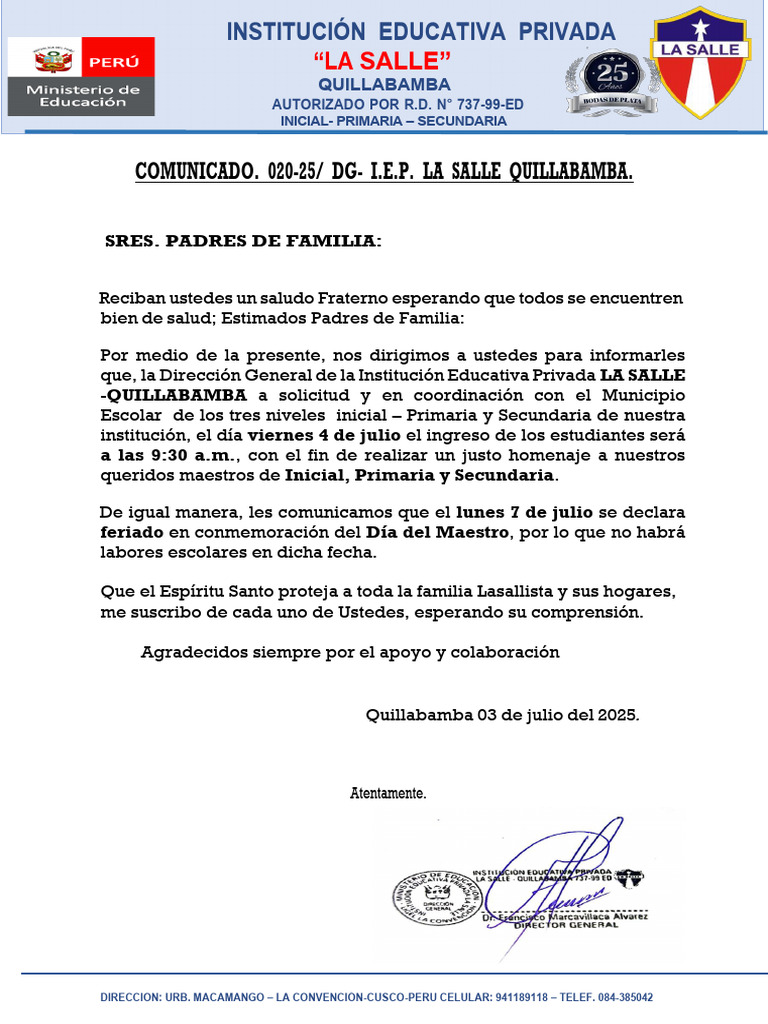 Comunicado #020 - 2025 - Dia Maestro | PDF