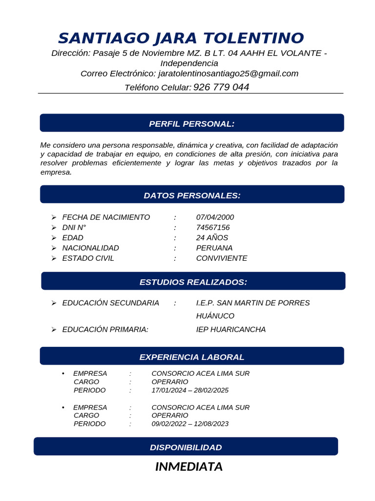 CV Santiago Jara Tolentino | PDF
