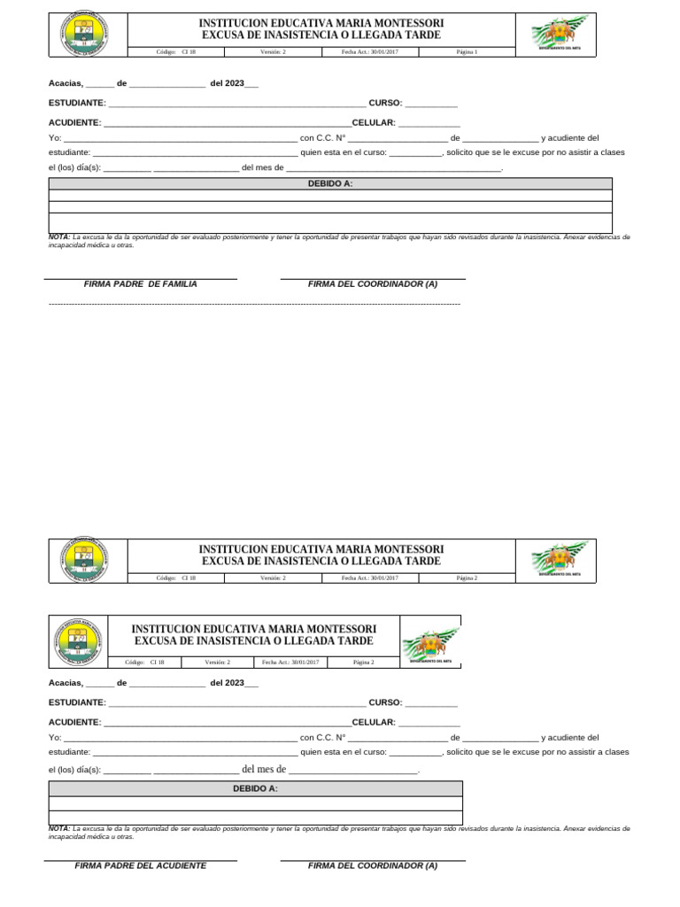 Ci 18 Excusa Llegadas Tarde e Inasistencia | PDF | Organizaciones educativas | Escuelas