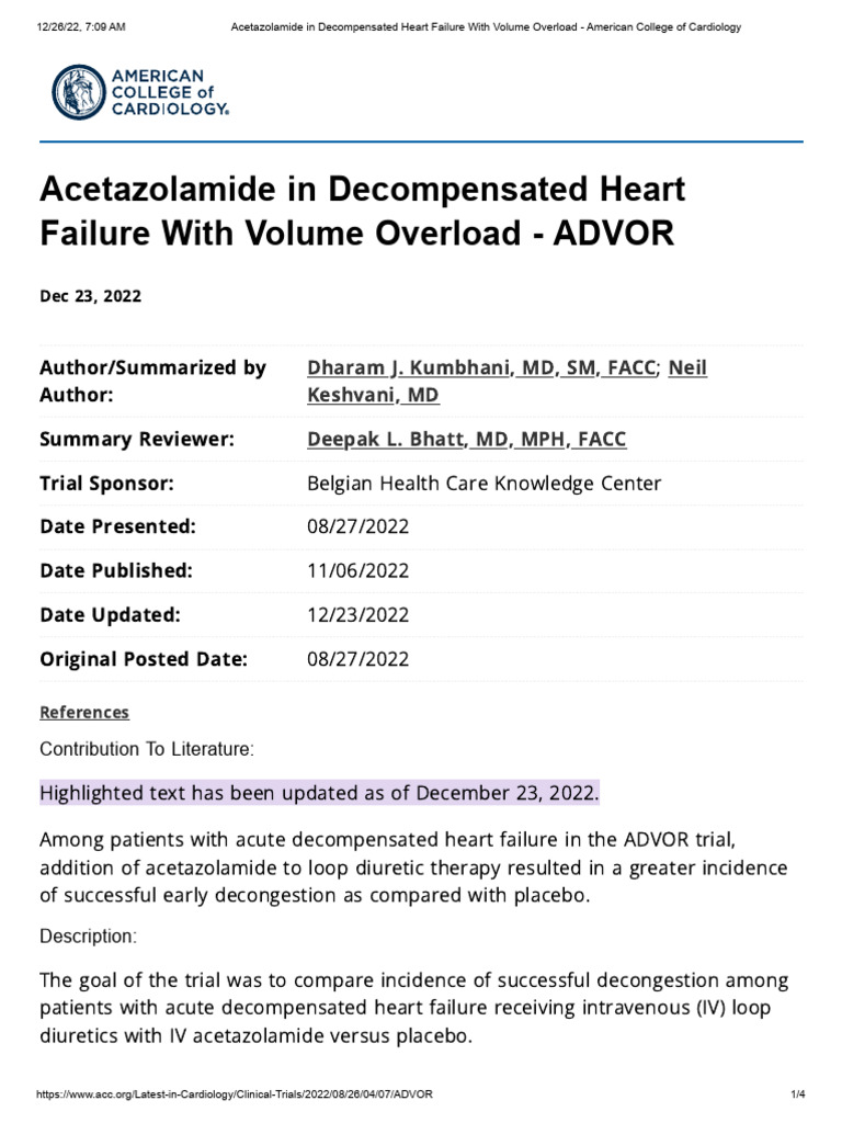 Acetazolamide in Decompensated Heart Failure With Volume Overload ...