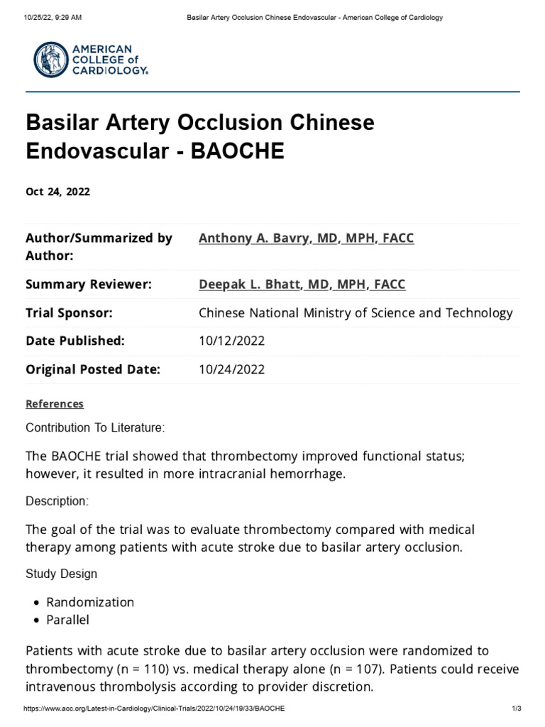 Basilar Artery Occlusion Chinese Endovascular - American College of Cardiology | PDF | Stroke ...