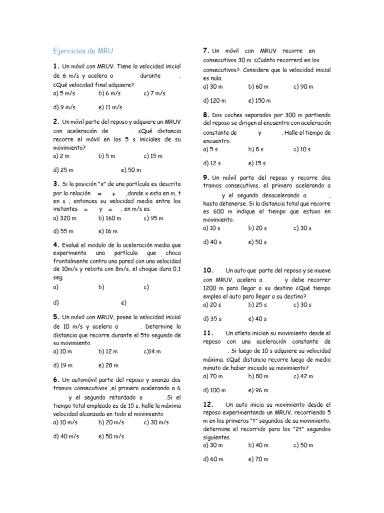 Ejercicios de MRUV PREU | PDF | Velocidad | Aceleración
