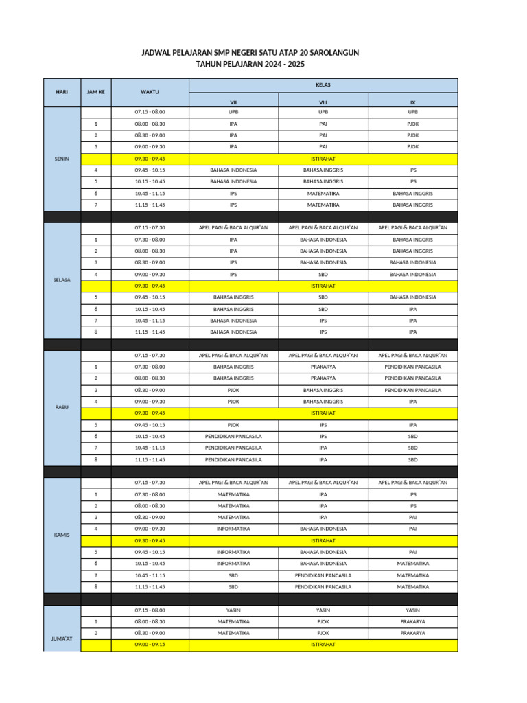 Jadwal Pelajaran SMP 2024.2025 | PDF
