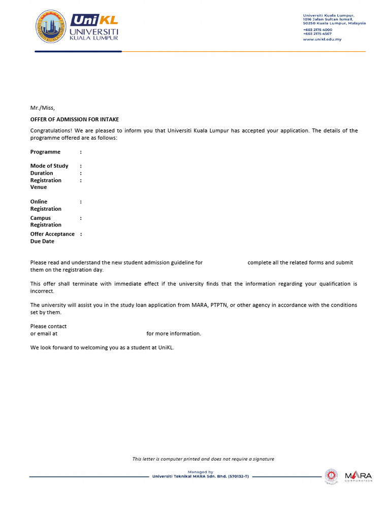 UniKL Admission Offer Letter 2025 | PDF