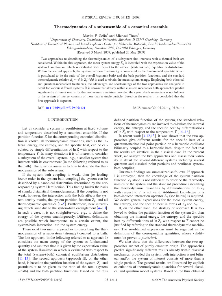 Thermodynamics of Canonical Subsystems | PDF | Physical Chemistry ...