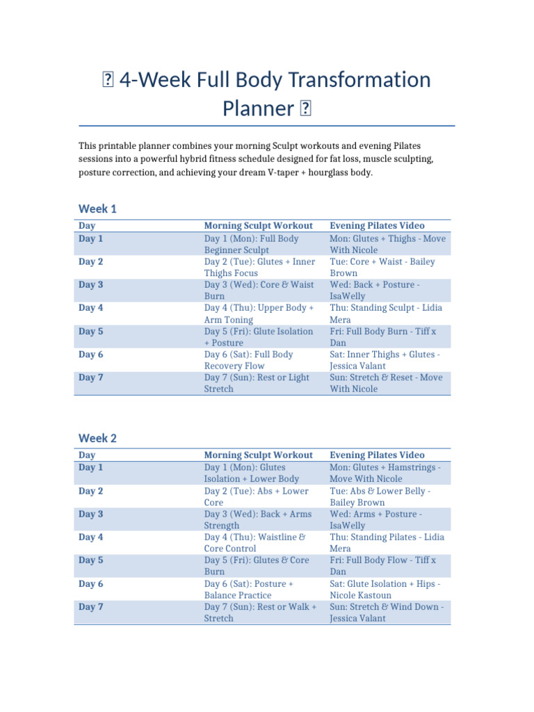 4 Week Hybrid Workout Plan Pratibha | PDF | Pilates | Musculoskeletal ...