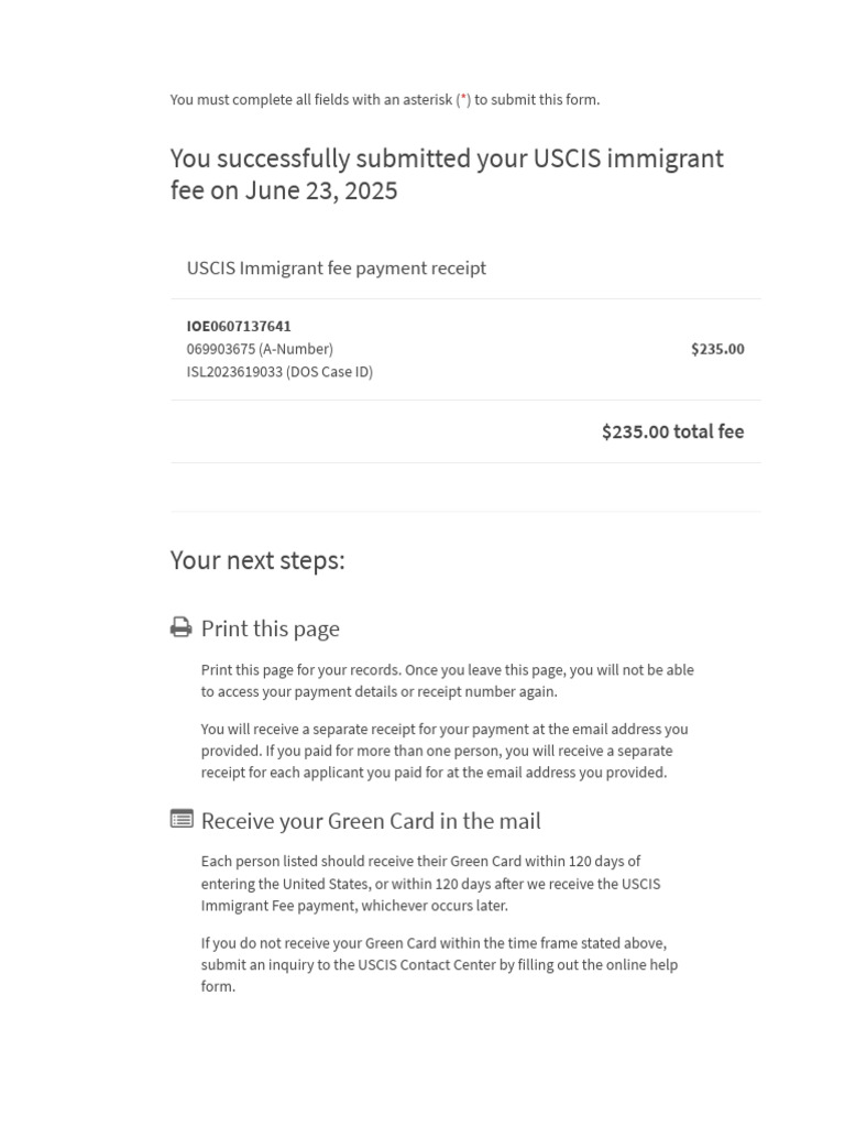 USCIS - Immigrant Fee - Next Steps | PDF