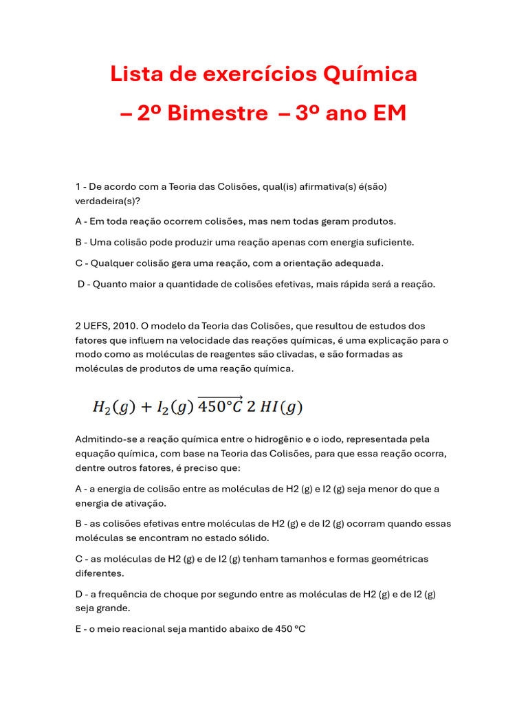 Lista de Exercícios Química 2B 3ano | PDF | Equilíbrio químico ...