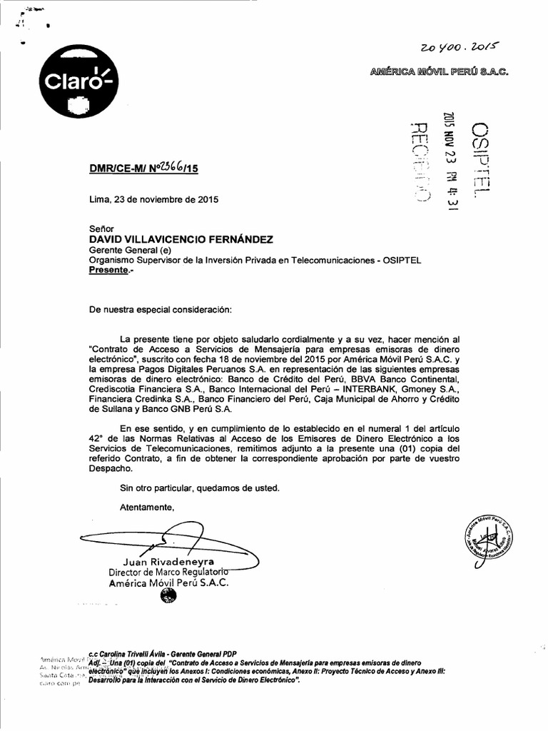 Contrato Claro Pagos Digitales Resolución 038 2016 GG | PDF | Dinero | Lima