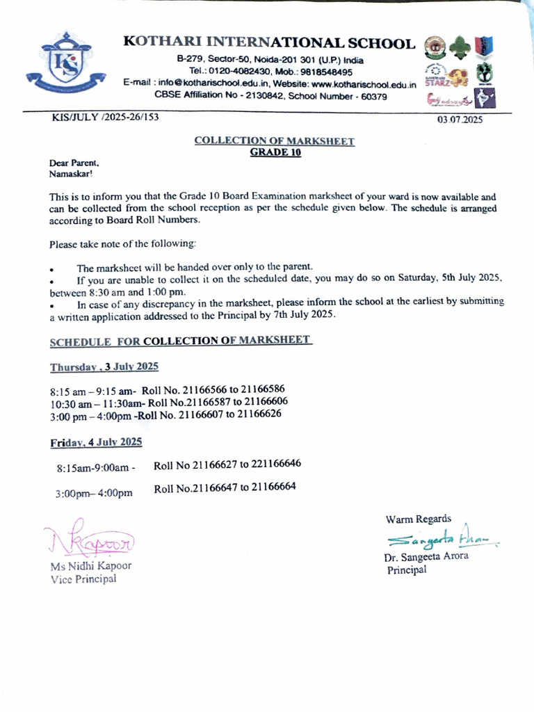 Class 10 Marksheet Collection Circular | PDF
