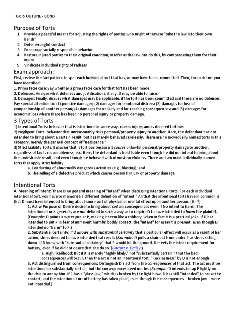 Torts Outline | PDF | Conversion (Law) | Tort