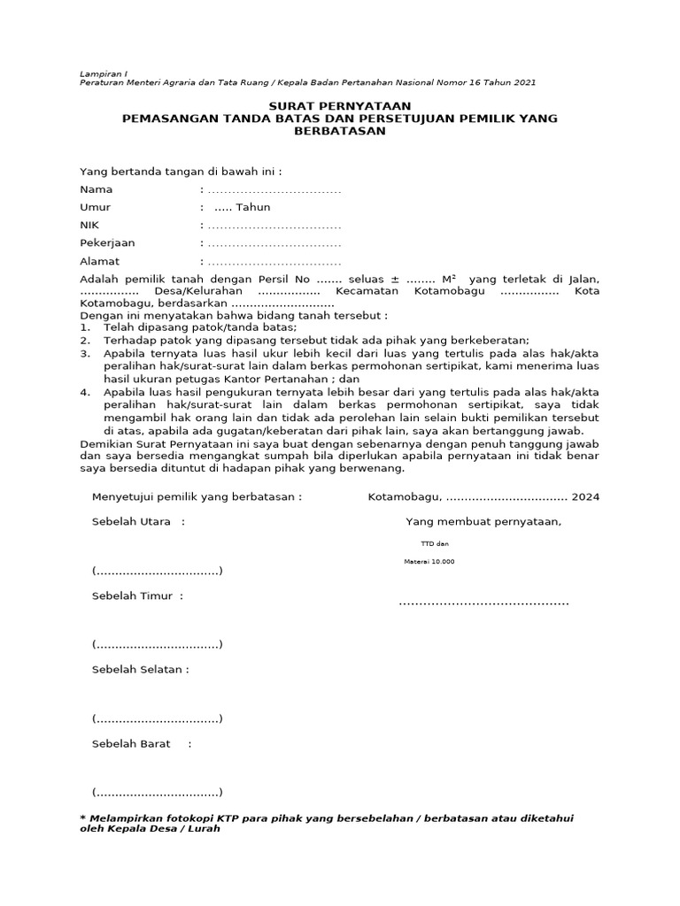 Surat Pernyataan Tanda Batas Tanah | PDF