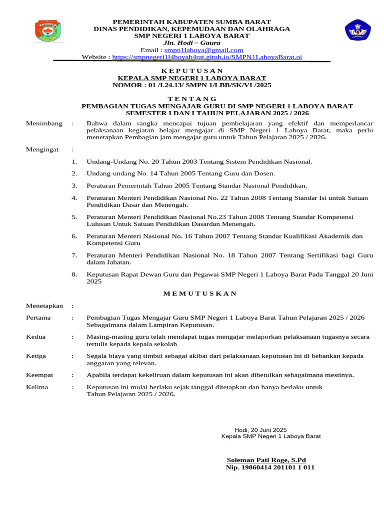 SK Pembagian Tugas 2025-2026 | PDF