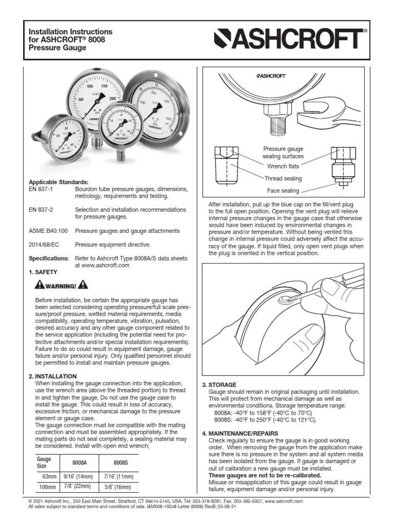 Manual Hydrogen Pressure Gauge 8008S | PDF | Screw | Pressure Measurement