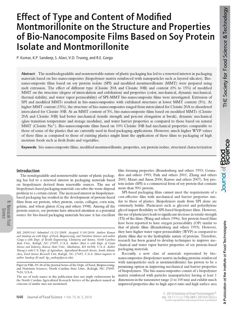 Journal of Food Science - 2010 - Kumar - Effect of Type and Content of Modified Montmorillonite ...