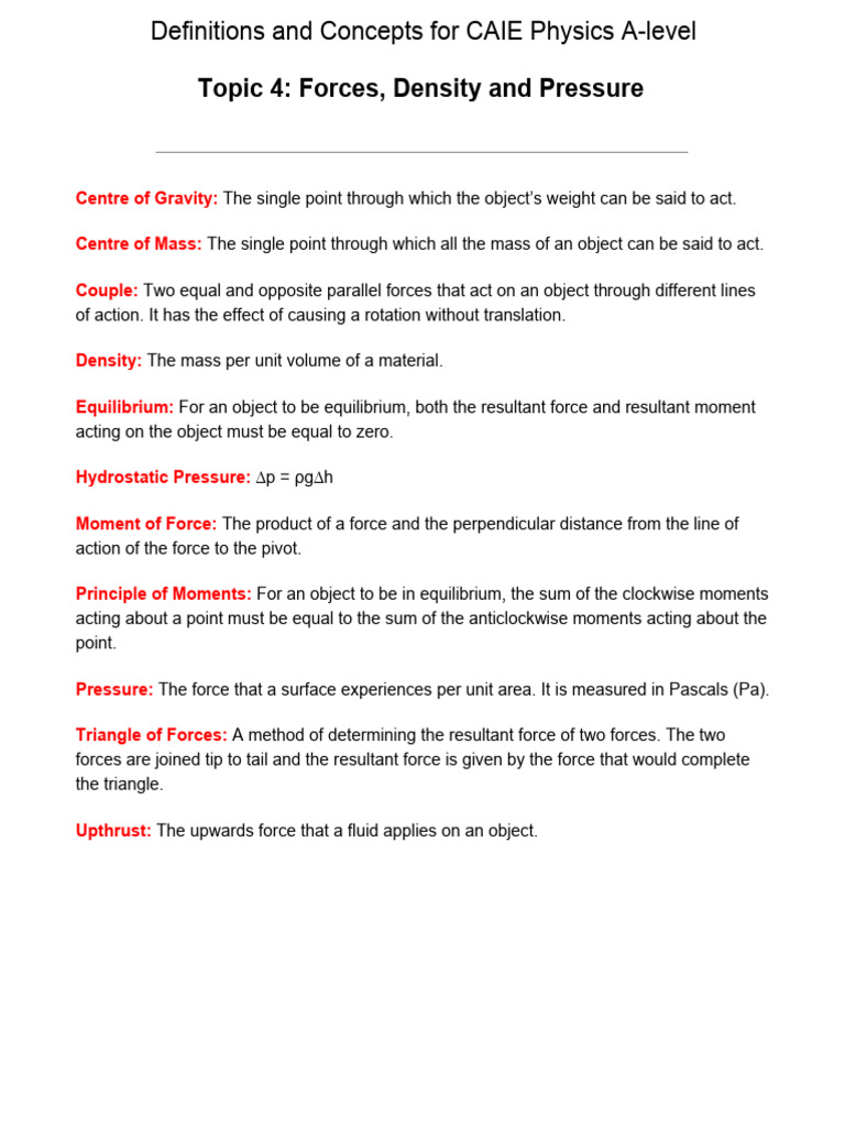 Definitions & Notes - Topic 4 Forces, Density and Pressure - CAIE ...
