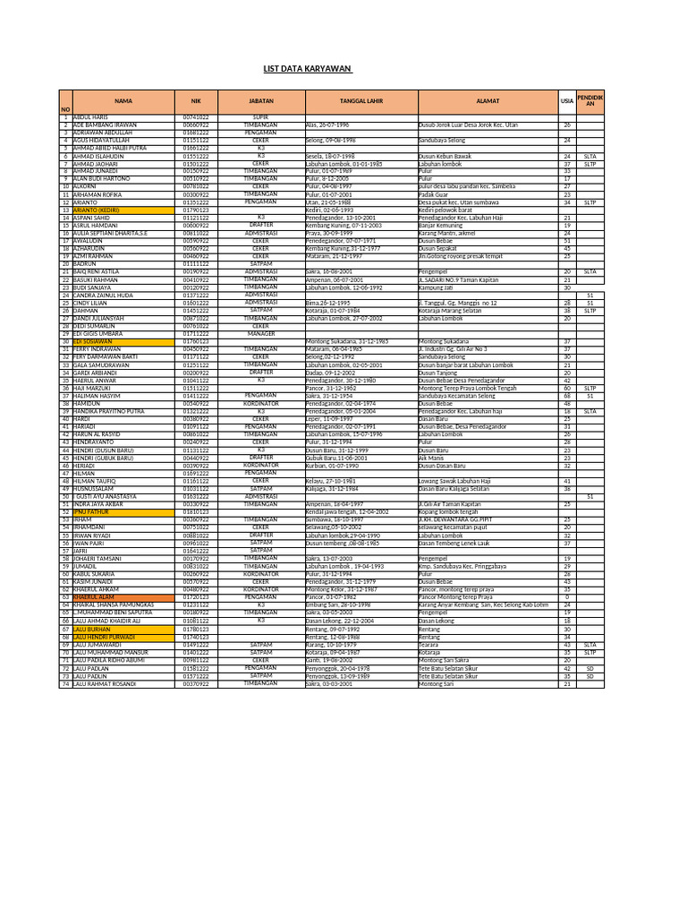 Data Karyawan Lengkap dan Terperinci | PDF
