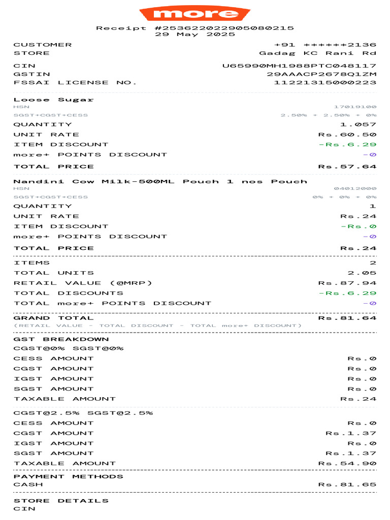 Grocery Receipt for Sugar and Milk | PDF | Sales | Payments