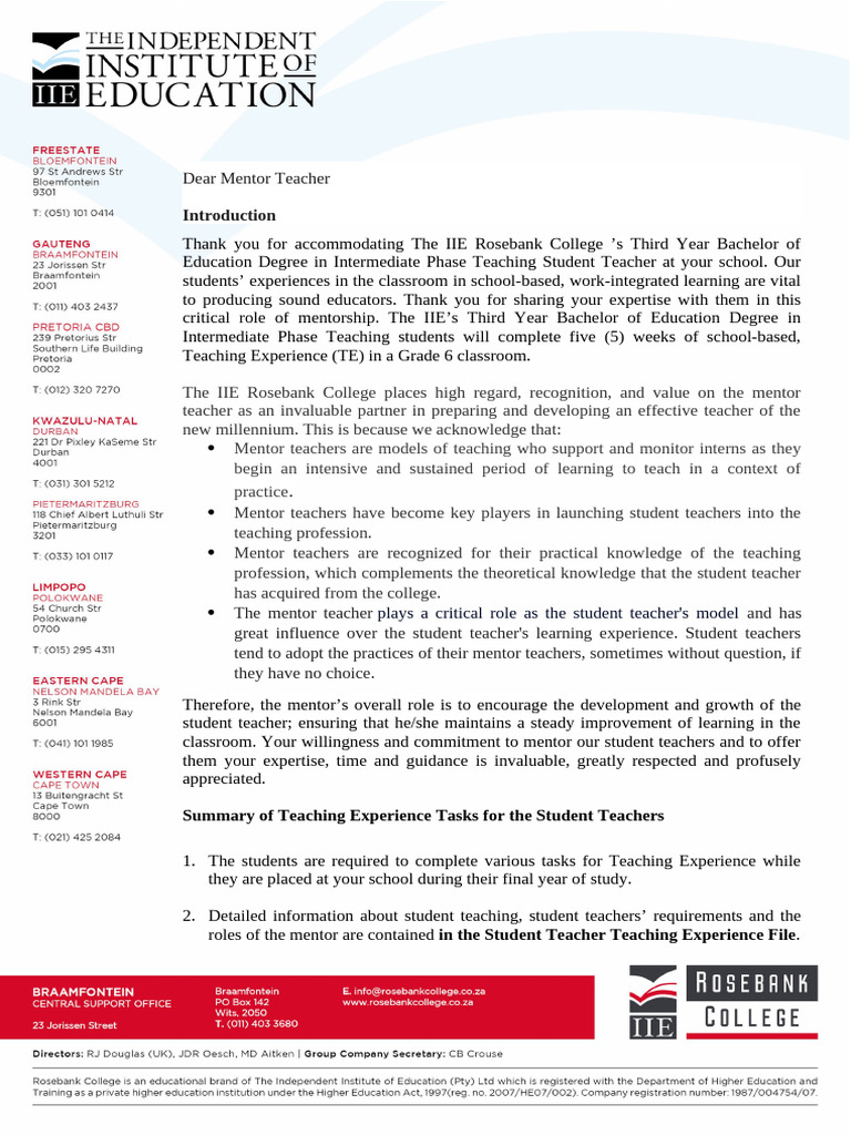 2024 BE I 3 Mentor Teacher Letter 2024 | PDF | Mentorship | Teachers