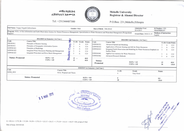 Tsegay's Postgraduate Degree Transcript | PDF