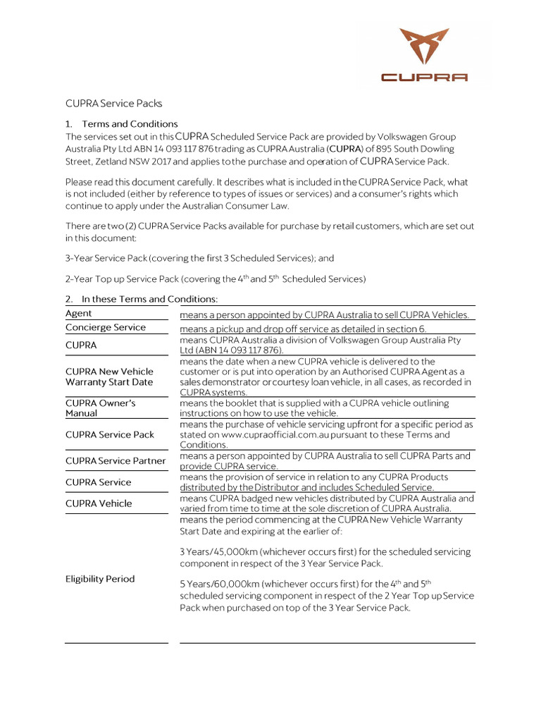 CUPRA Service Pack Terms and Conditions | PDF