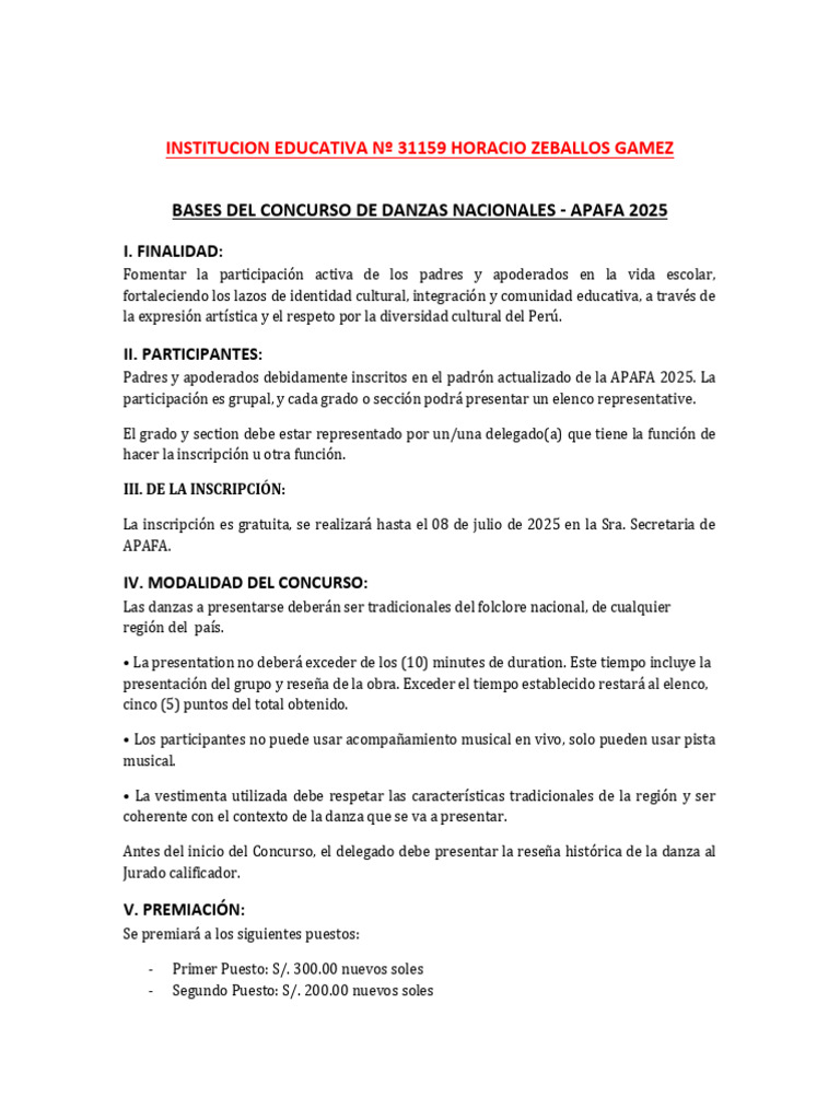 Bases Concurso Danzas APAFA 2025 | PDF
